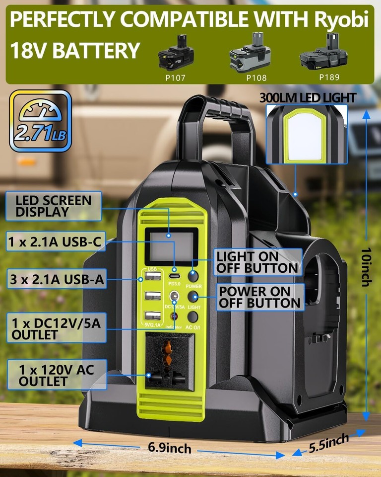 350W Power Inverter for Ryobi 18V Battery, 2-Ports DC 18V to AC 110 ...