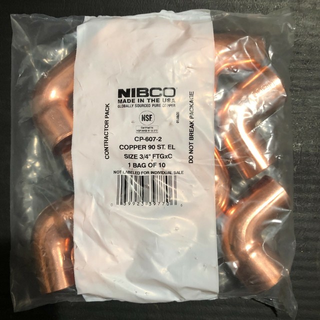 ( BAG OF 10) NIBCO CP-607-2 COPPER 90 ST. ELBOW SIZE 3/4" FTG x C MADE IN USA for sale online | eBay