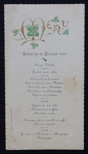 Restaurant Dinner Menu July 29, 1903 Clover 4 Leaves Art Nouveau ...