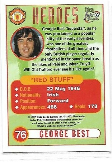 GEORGE BEST CARD 76 MANCHESTER UNITED 1997 FANS SELECTION PROMO CARD ...