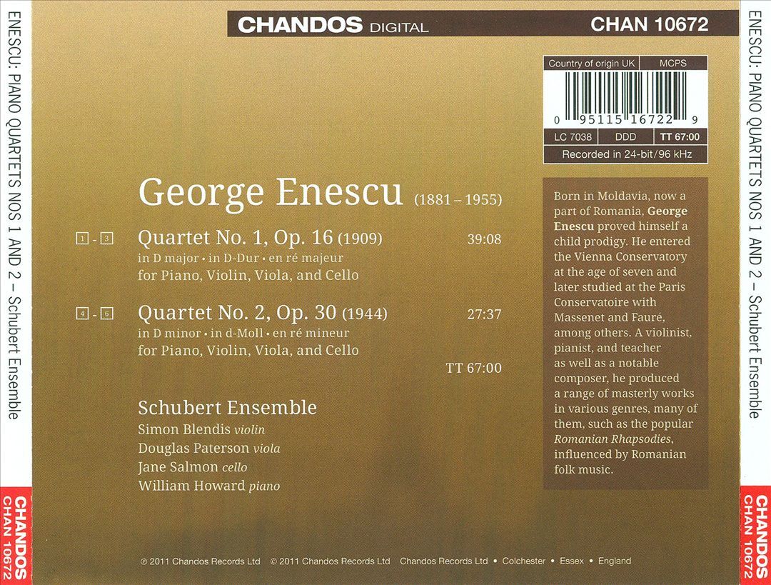 SCHUBERT ENSEMBLE ENESCU: PIANO QUARTETS NOS. 1 & 2 NEW CD 95115167229| eBay