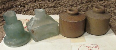 A-4 VINTAGE 1920s INK BOTTLES-2 GLASS/BELL+CABIN+2 POTTERY-GREAT ...
