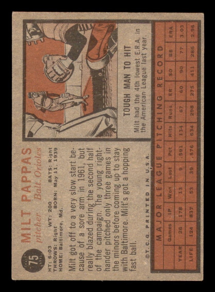 1962 Topps Baseball #75 Milt Pappas EX *e2 | eBay