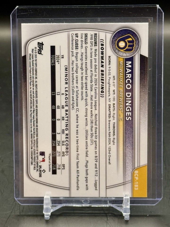 2025 Bowman Chrome Marco Dinges 1st Bowman Yellow /75 Brewers | eBay