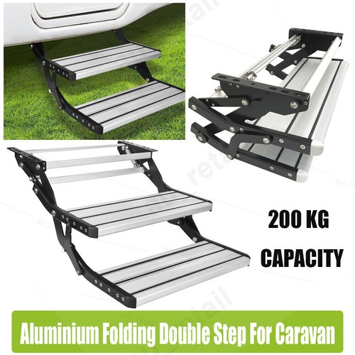 Aluminium Caravan Folding Double Step w/LED Pull Out Steps For RV ...