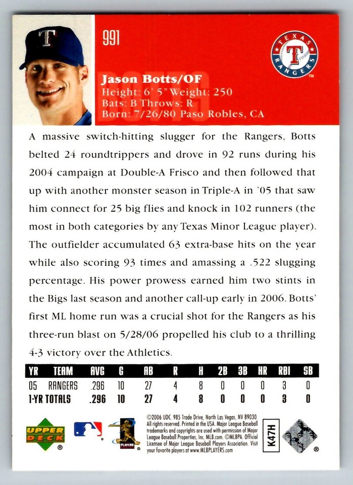 2006 UPPER DECK JASON BOTTS RC TEXAS RANGERS #991 | eBay