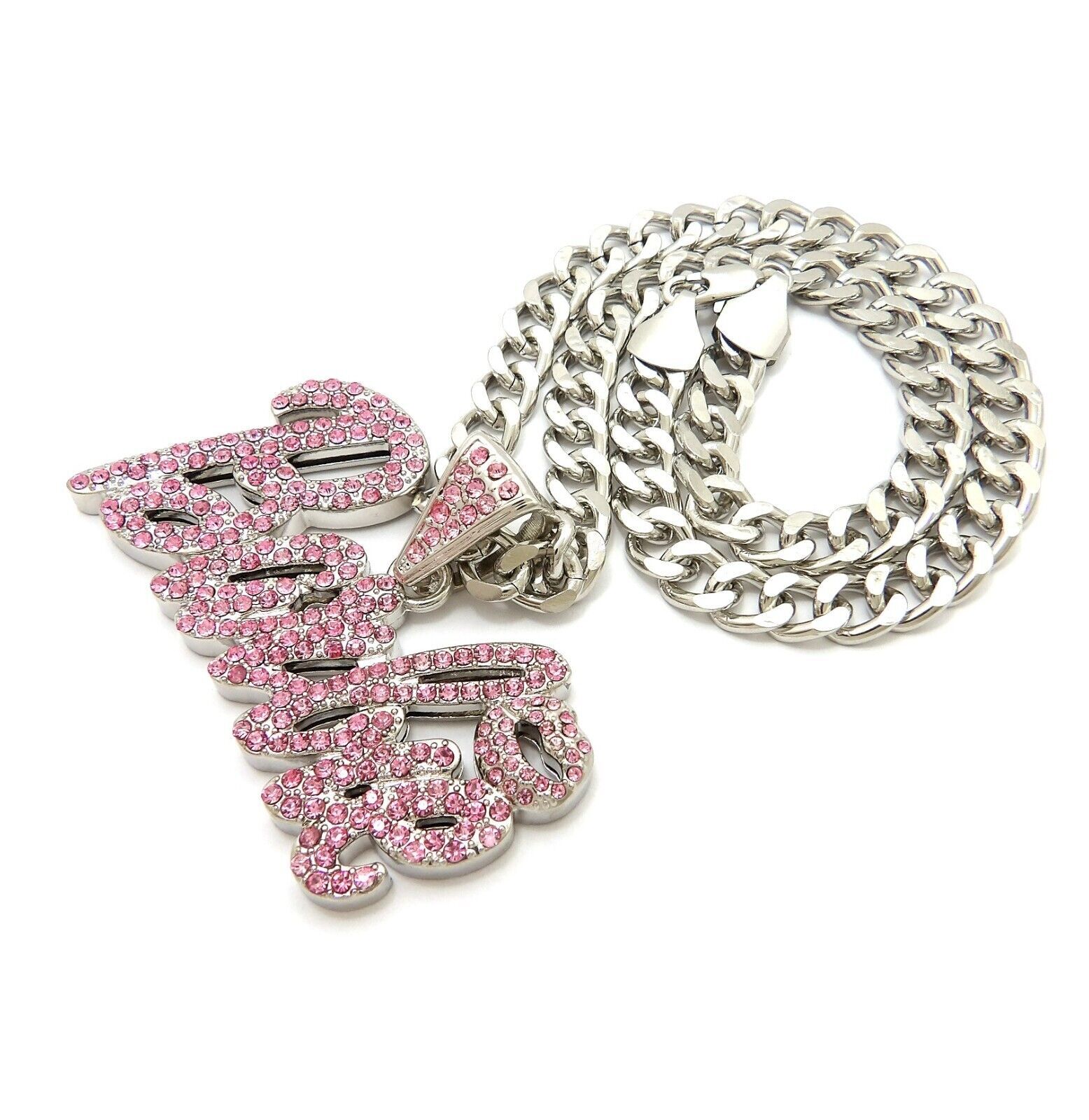 Women Gold Plated Pink Barbie Iced Cubic Zirconia Charm & Cuban Chain ...