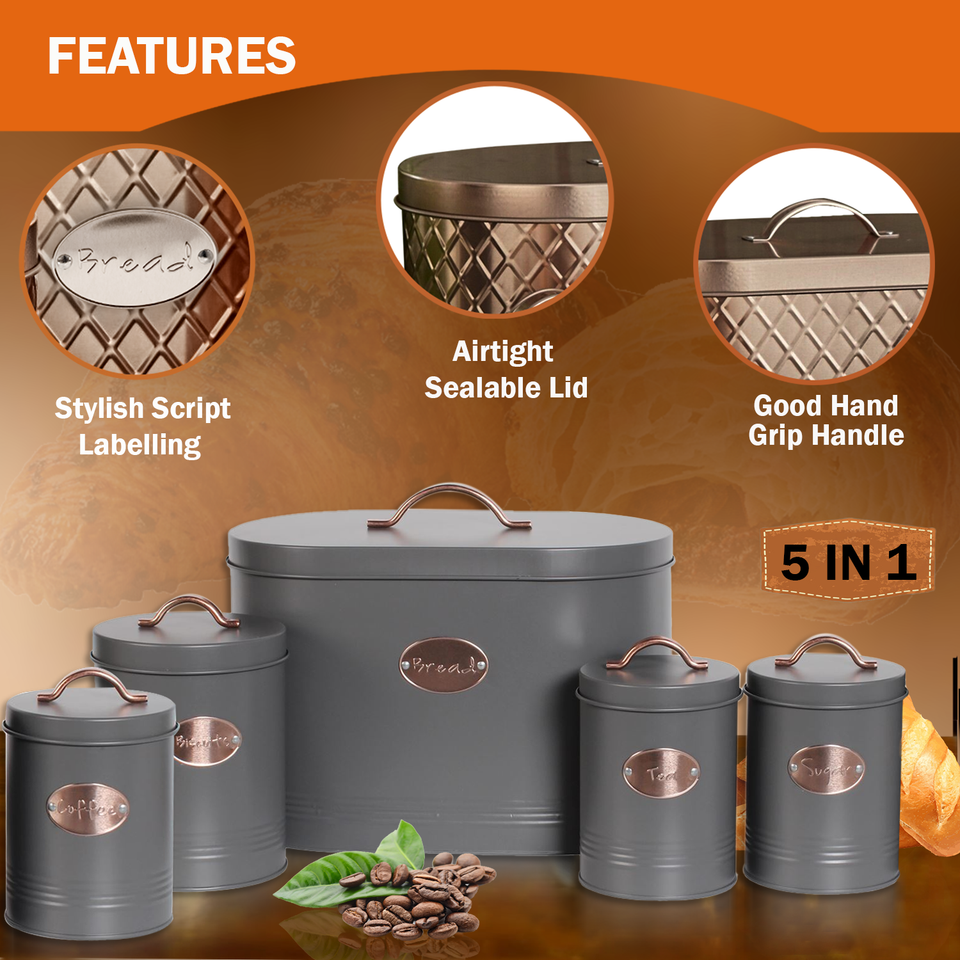 5pc Kitchen Storage Container Set - Bread Bin + Tea Sugar Coffee ...