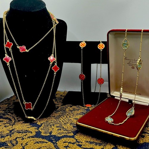 Trio of Long Goldtoned Chain Necklaces Red Clover, Orange Circle & Blue ...