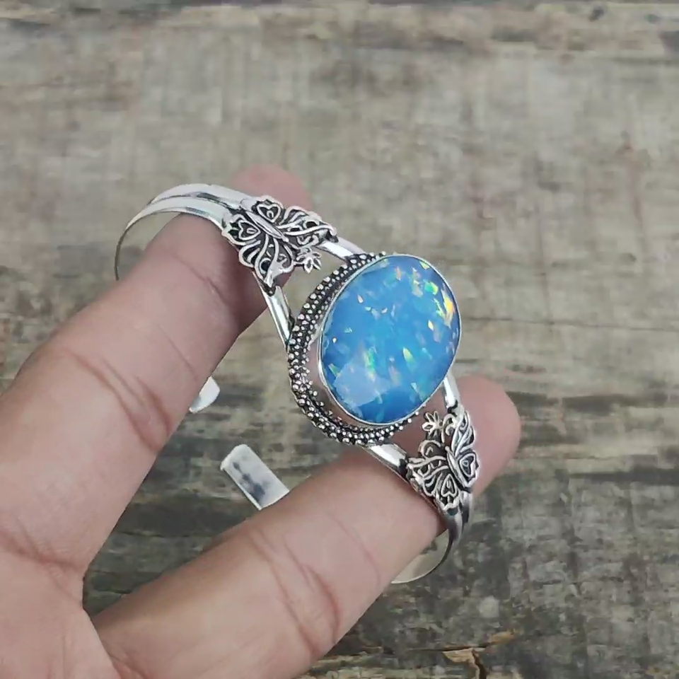Blue Opal Gemstone 925 Sterling Silver Handmade Jewelry Cuff Bangle ...