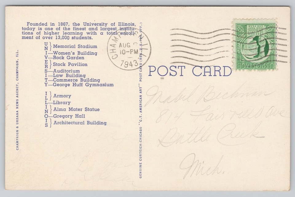 Champaign-Urbana IL, Large Letter Greetings University of Illinois, VTG ...