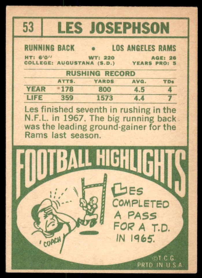 1968 Topps Football Les Josephson RC Los Angeles Rams #53 | eBay