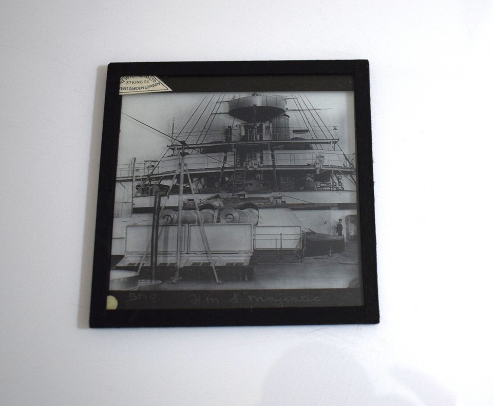 WW1 THE GUNS OF HMS MAJESTIC Magic Lantern Slide PHOTO ROYAL NAVY SHIP ...