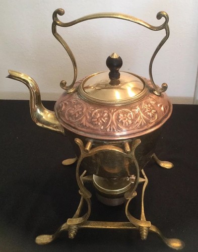 ANTIQUE COPPER BRASS TEA POT KETTLE ON STAND | eBay