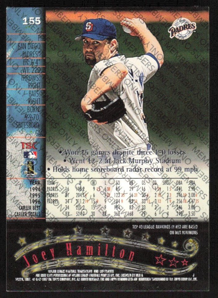 1997 Topps Stadium Club Members Only Joey Hamilton #155 San Diego ...