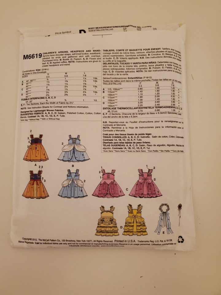 McCalls Costumes Sewing Pattern #M6619 Girls Princess APRON Dress ...
