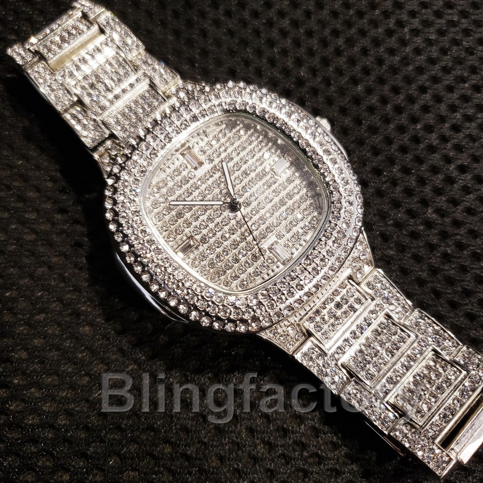 Men's Hip Hop Silver plated Lab Diamonds Iced Bling Luxury Metal Band ...