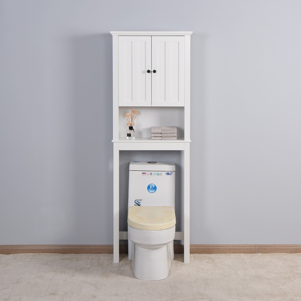 White MDF Over-The-Toilet Bathroom Storage Cabinet with Adjustable ...