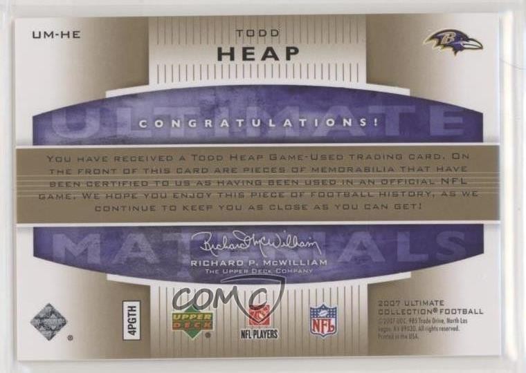 2007 Ultimate Collection Ultimate Materials Gold 36/99 Todd Heap #UM-HE ...
