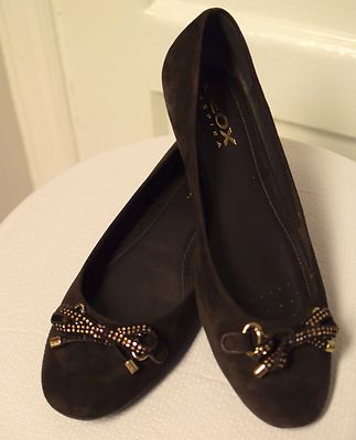 Geox Respira Brown Suede Low Heel Ballet Shoe Gold Crystal Studded Bows ...