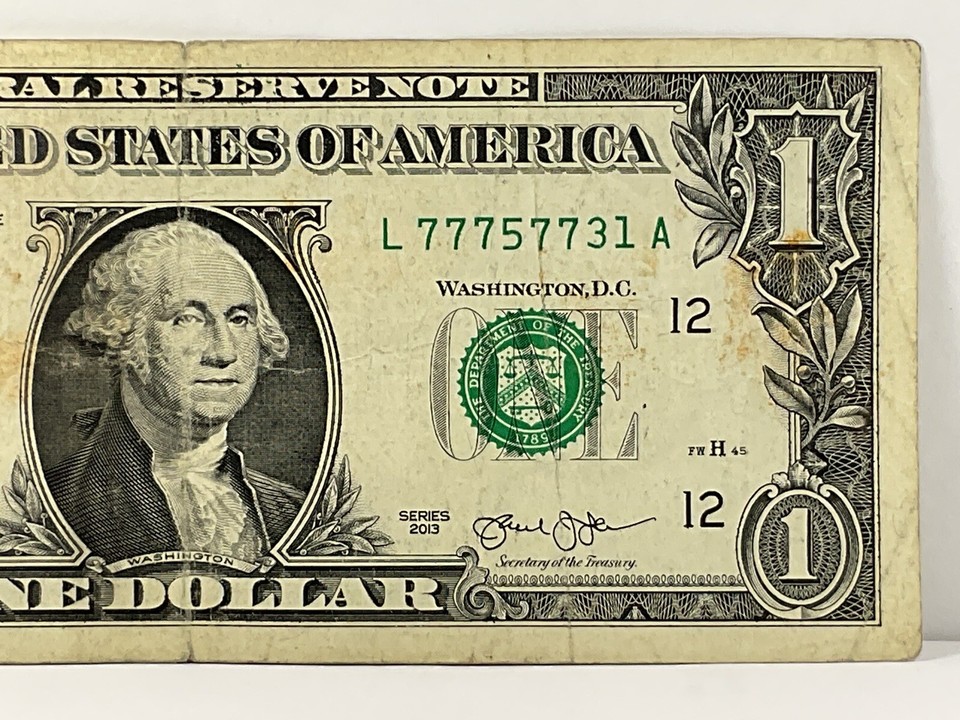 Five Of A Kind 7s Fancy Serial Number 2013 One Dollar Bill L77757731A ...