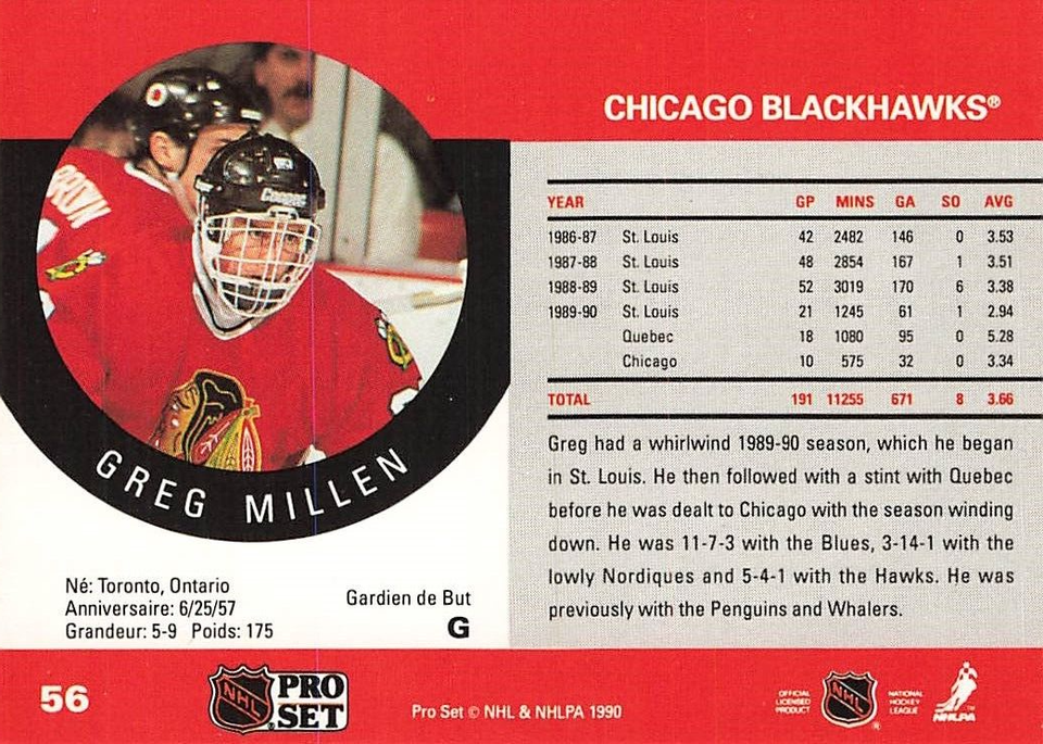 Greg Millen 1990-91 Pro Set Chicago Blackhawks Hockey Card #56 | eBay
