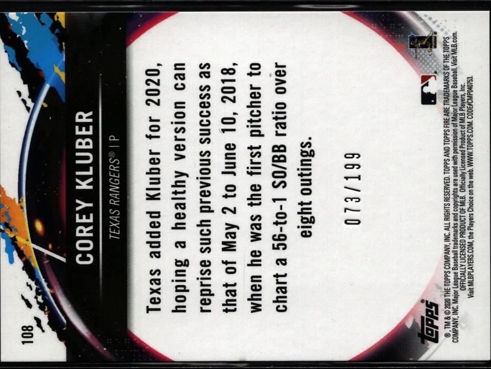 2020 Topps Fire #108 Corey Kluber Texas Rangers Green | eBay