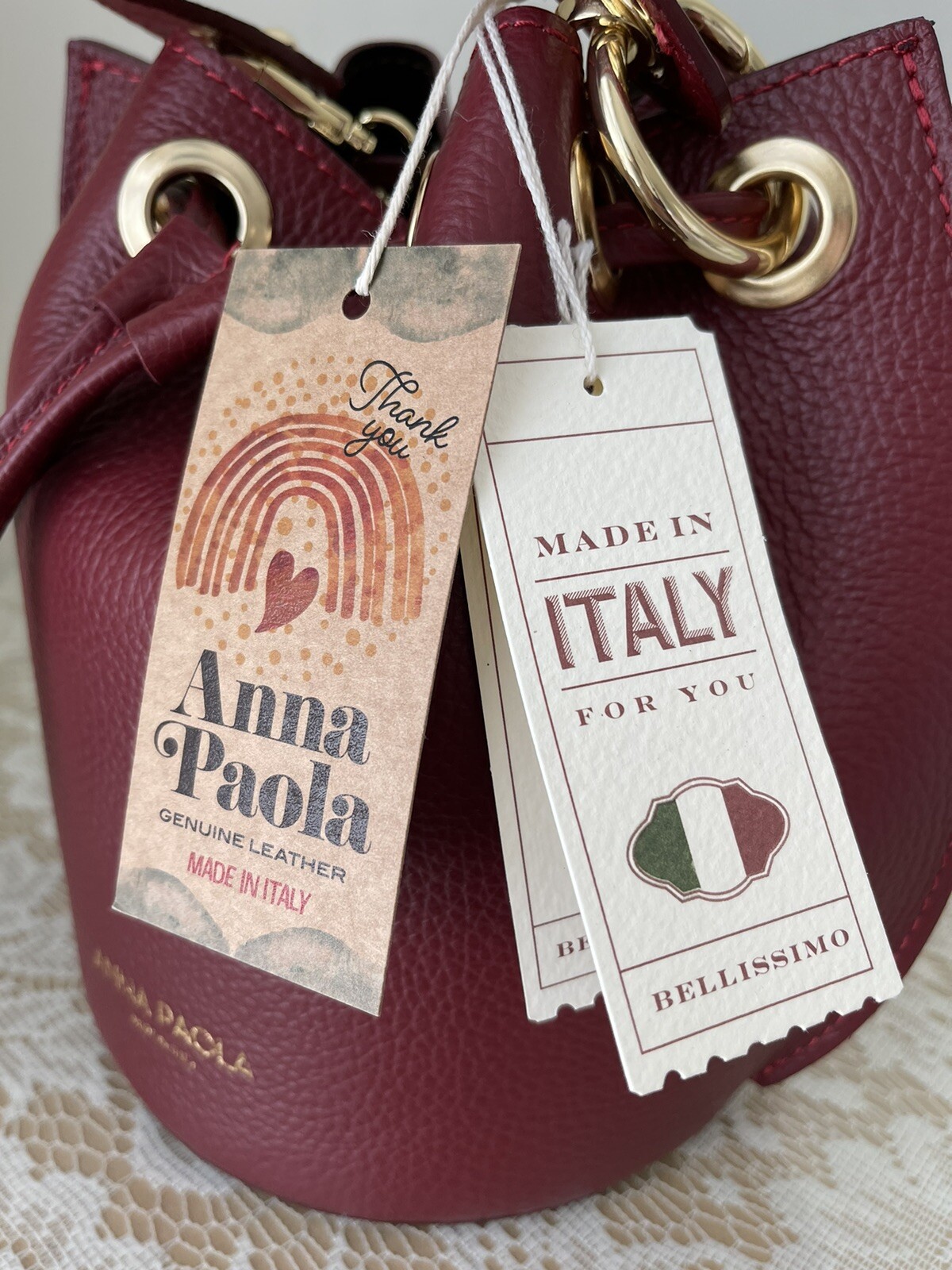 NWT Anna Paola Italy leather bucket purse bag Italian handmade ruby ...