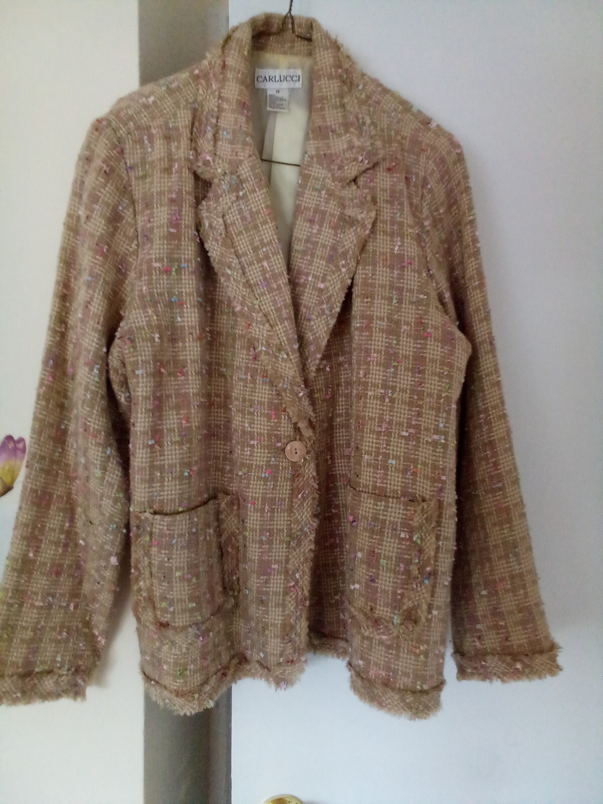 Distressed Beige Tweed Jacket With Multi Colored Ribb… - Gem