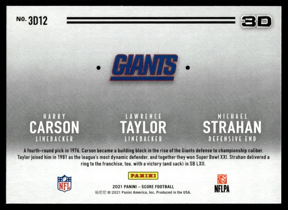 2021 Score 3D Red Harry Carson/Lawrence Taylor/Michael Strahan New York ...