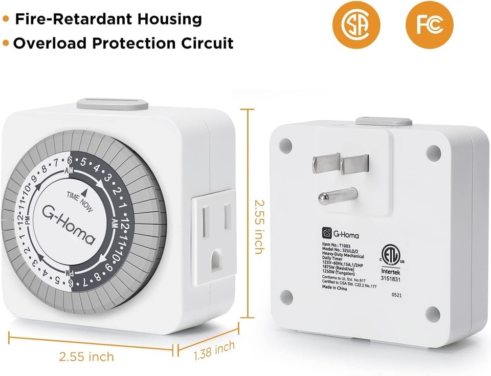 Timers for Electrical Outlets, 24 Hour Indoor Plug-in Mechanical Timer ...