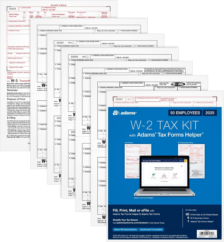 W-2 Forms 2025, 6-Part Kit for 50 Recipients, Includes 6 W-3 Forms ...