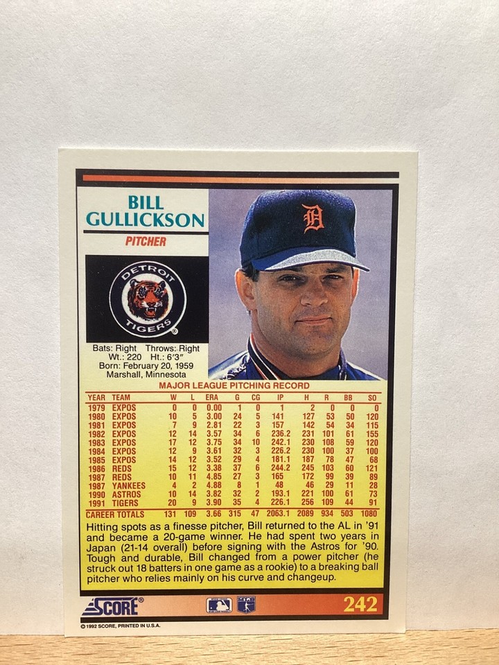 Score 1992 Baseball Card: Bill Gullickson, Detroit Tigers - Card #242 ...