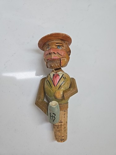 Vintage German Anri Mechanical Carved Wood Cork Wine Stopper - Man ...