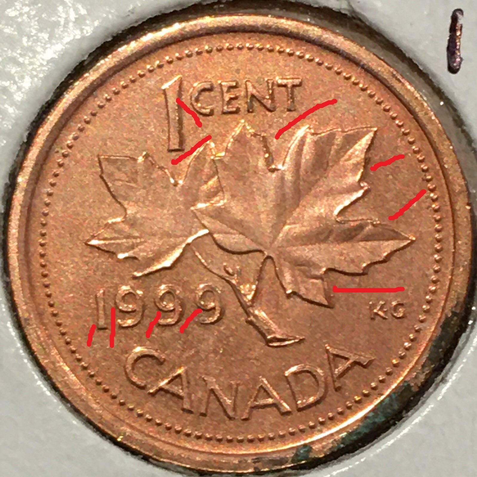 1999 Canada One Cent Major Error Coin Double Dates, Leaf plus 1 in cent ...