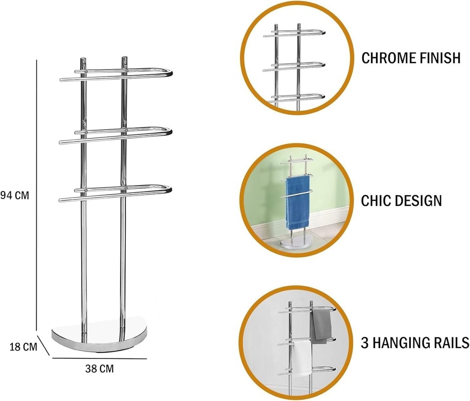3 Tier 3 Arm Free Standing Chrome Towel Holder Rail Rack Stand Weighted ...