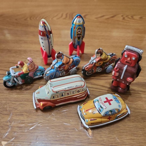 8 Collectible Tin Toy Set Cars Rockets Bikes Robots Small & Rare | eBay