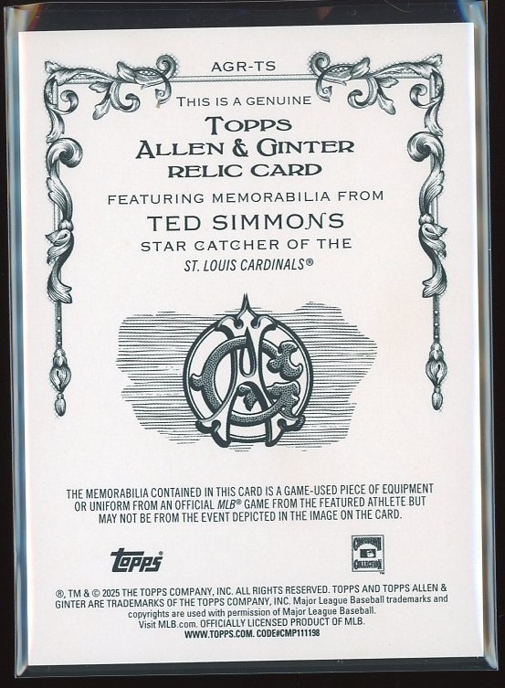 2025 Allen Ginter Ted Simmons Game Used Bat Relic - Cardinals | eBay