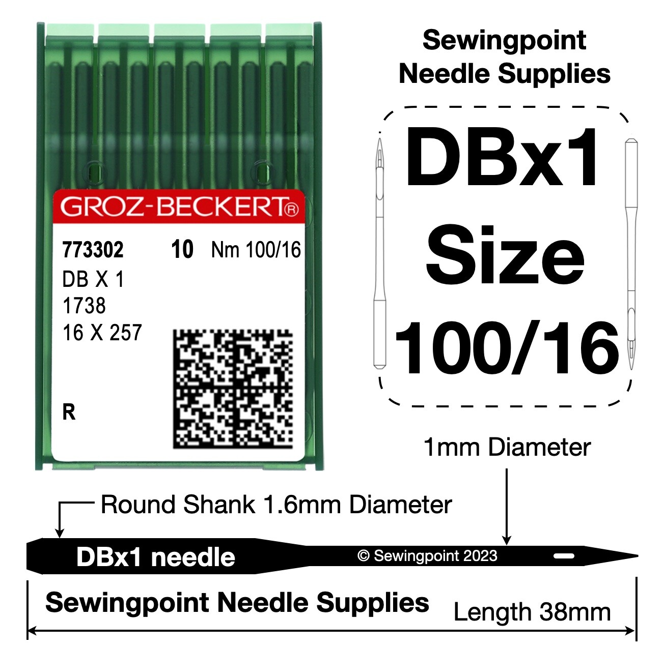 Groz Beckert Industrial Sewing Machine Needles DBx1 1738 16x257 R DB1 ...