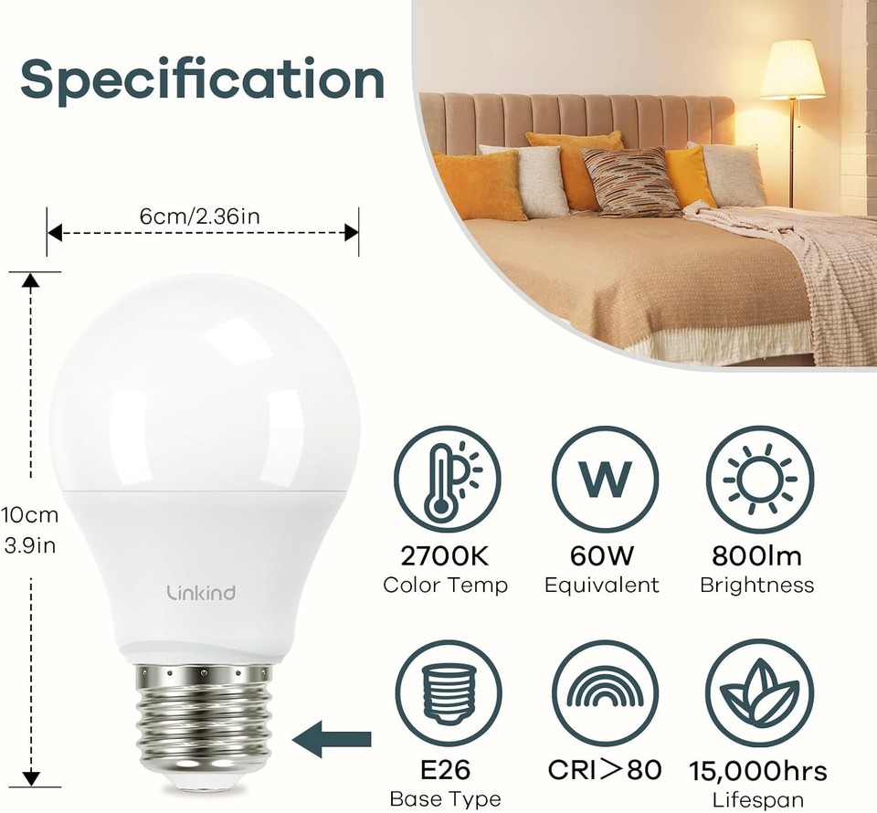 Linkind A19 LED Light Bulb, 60W Equivalent, 9W 2700K Soft White Light ...