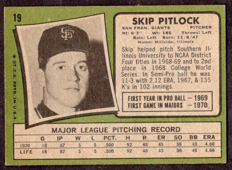1971 Topps #19 Skip Pitlock RC - VG | eBay