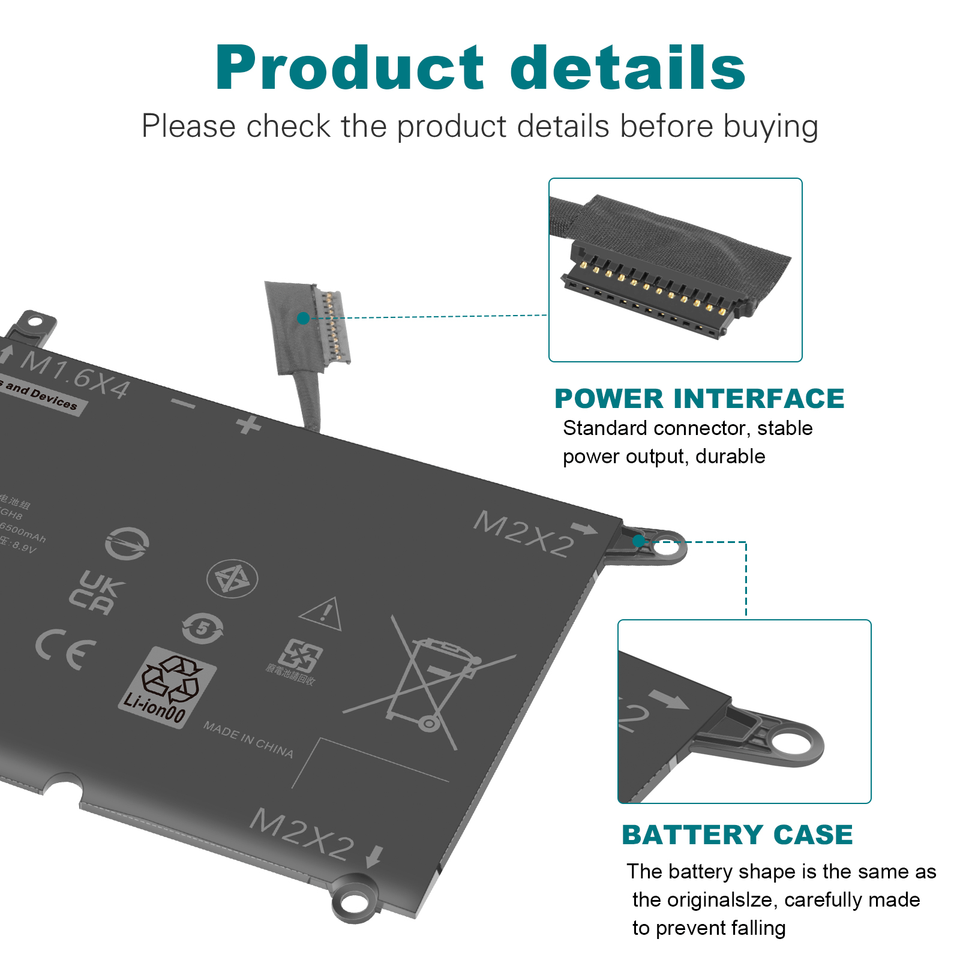 DXGH8 Battery for Dell XPS 13 9370 9380 Latitude 3301 G8VCF 0H754V 52WH ...
