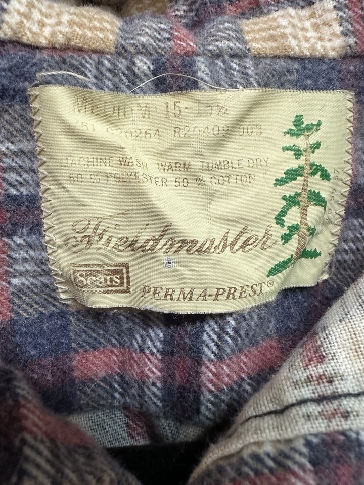 Vtg Sears Fieldmaster Perma-Prest Flannel Shirt Plaid Workwear USA Made ...