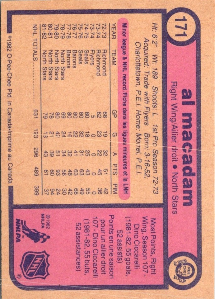 1982 O-Pee-Chee Al MacAdam #171 Minnesota North Stars Hockey Card | eBay