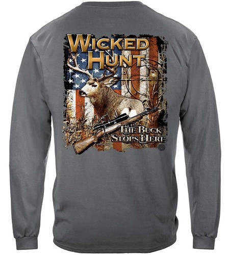 Wicked Hunt Deer Buck Stop Here Hunting 100% Cotton Choarcoal Gray Long ...
