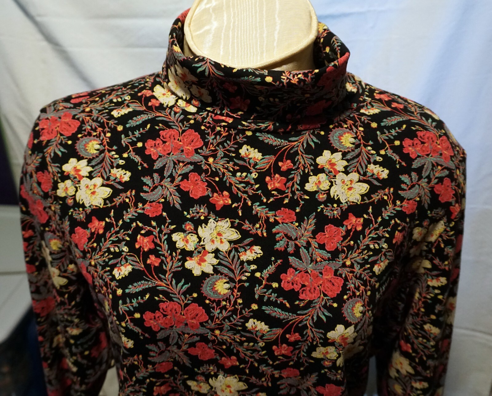 PERUVIAN CONNECTION Womens Turtleneck Black Floral Retro Pima XL | eBay