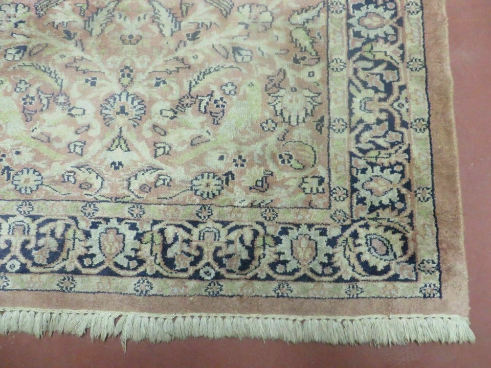 Indian Silk Rug 4x6 Kashmiri Vintage Handmade Bird Motifs Pink Navy ...