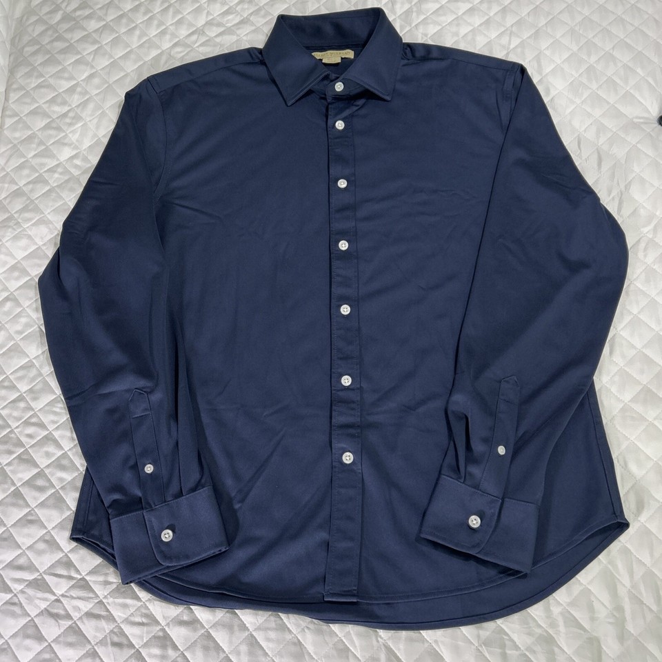Elliot Mulryan Men's Large Luxury Button Up Shirt Navy Polyester Smart ...