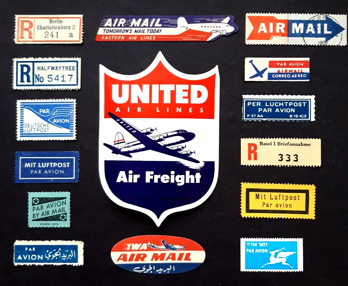 Lot of 15 AIR MAIL Labels Decals 50s, 60s, 70s Used/Mint ~ EASTERN, TWA ...
