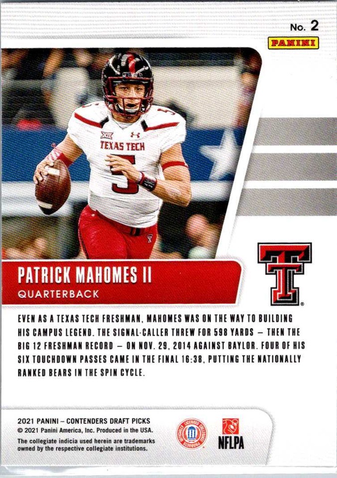 2021 Patrick Mahomes II #2 Panini Texas Tech Red Raiders MFBC #139 | eBay